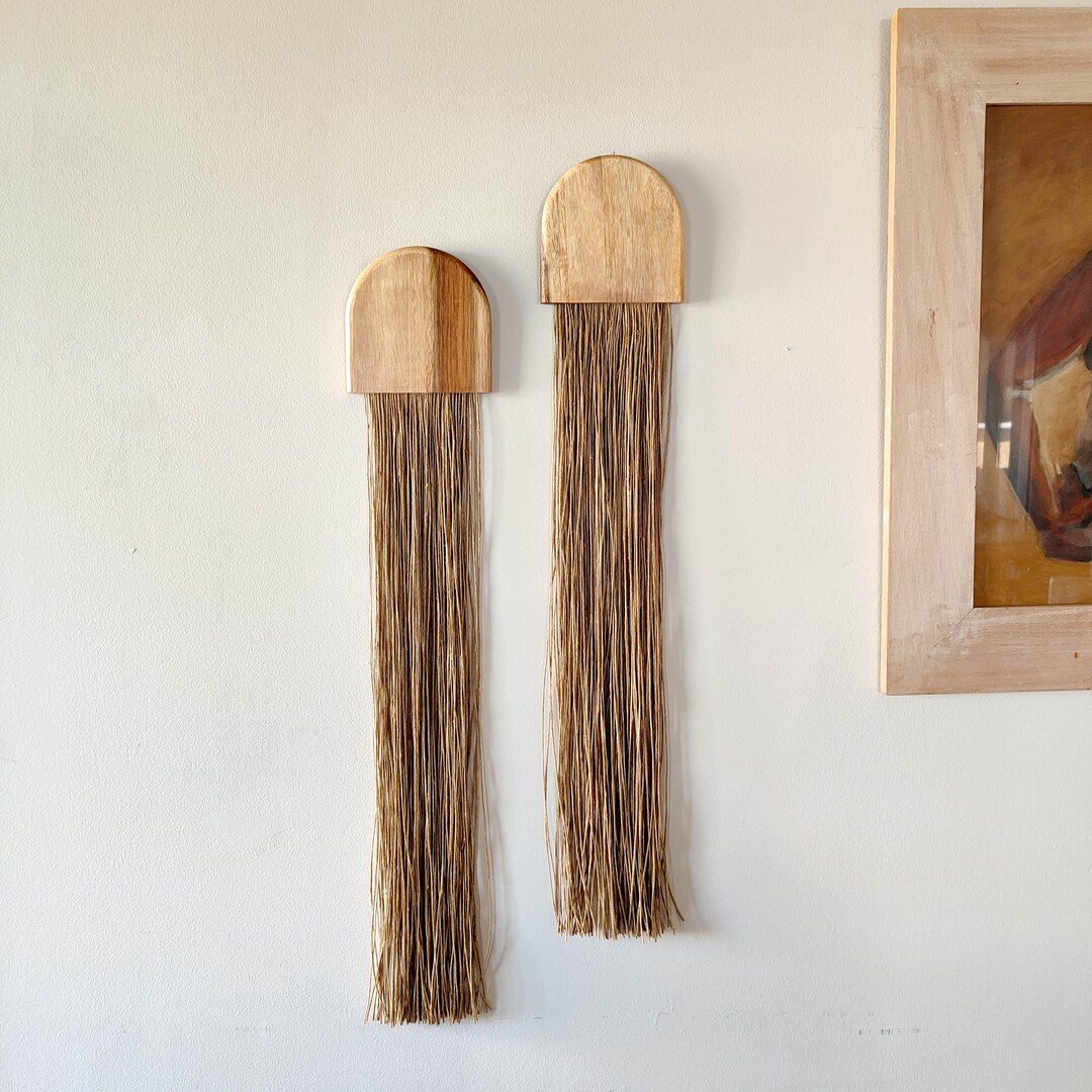 Wall Hanging With Arched Acacia Wood and Long Hemp Fringe, Fiber Art ...