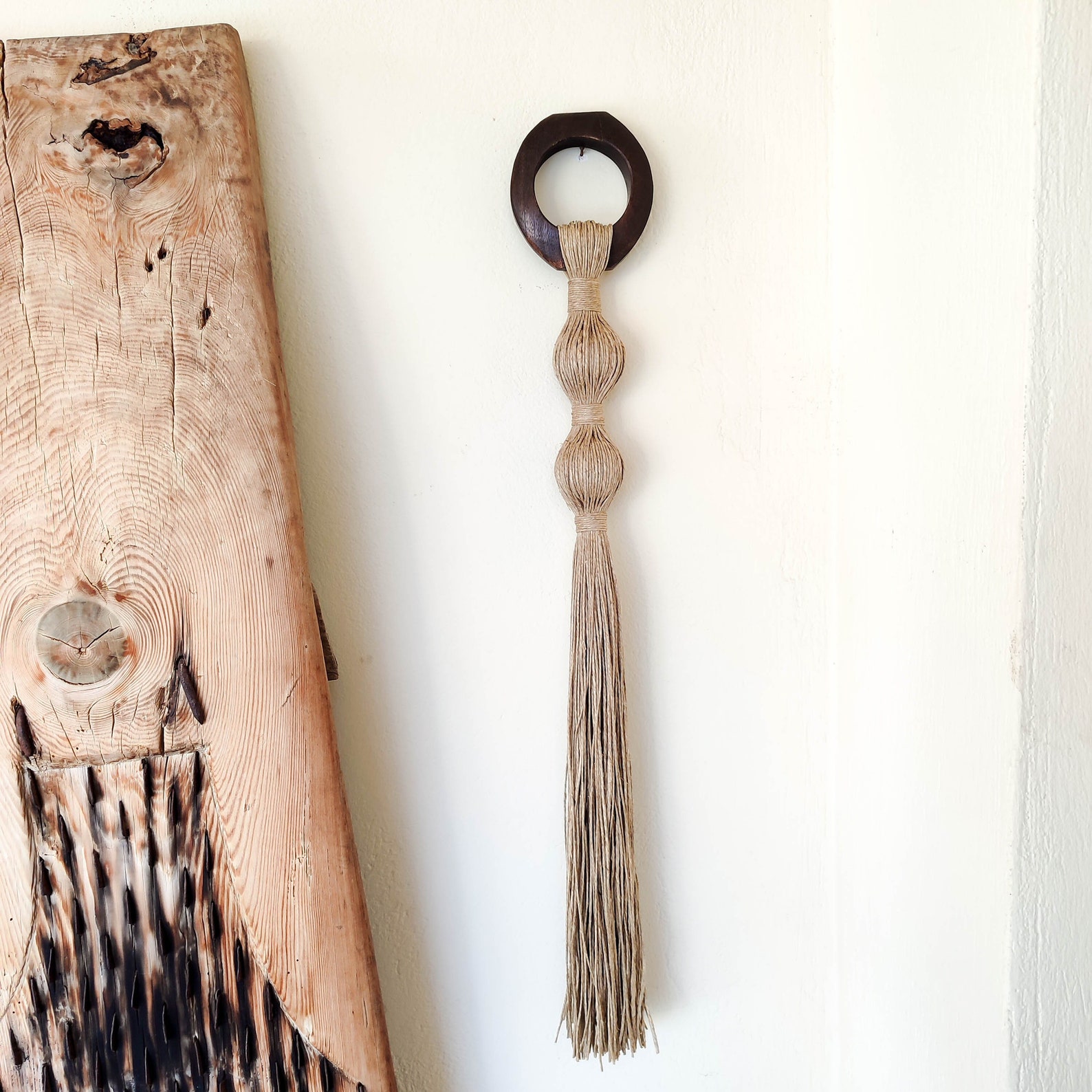 Decorative Wall Hanging With Hand Carved Wood Ring and Hemp Twine ...