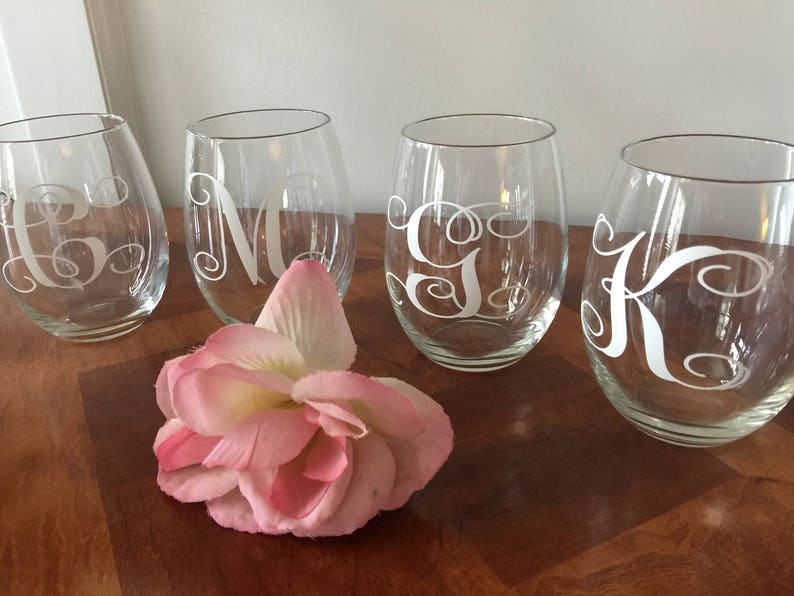 Monogram Stemless Wine Glass Vinyl Lettering Set Of 2 Wine Etsy