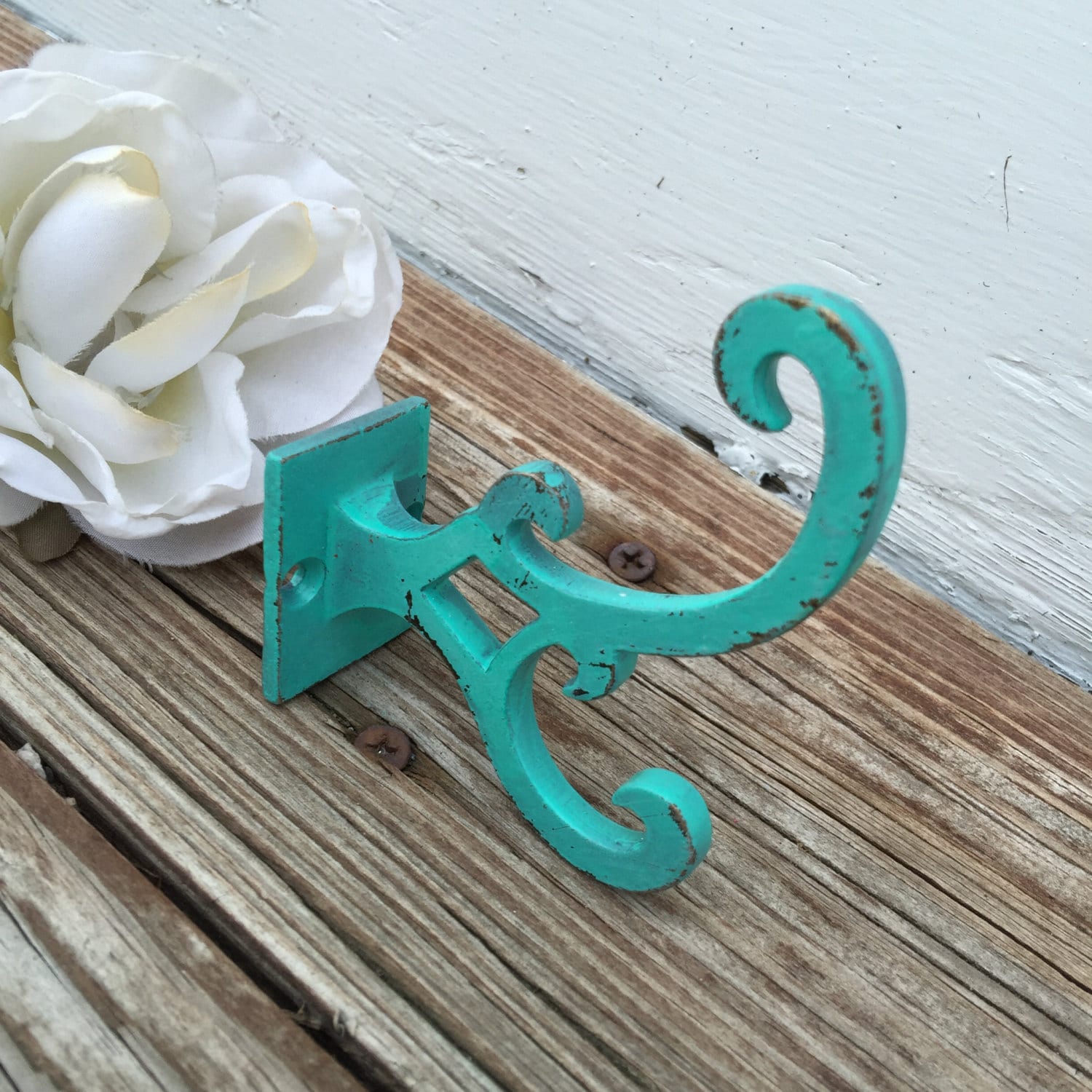 Teal Blue Distressed Metal Hook, Shabby Chic Wall Decor - Etsy