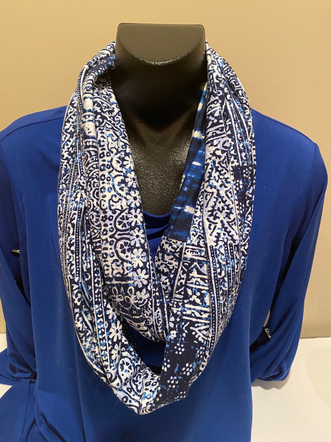 Unique Long Blue and White Paisley Infinity Scarf, Cotton, Rayon ...