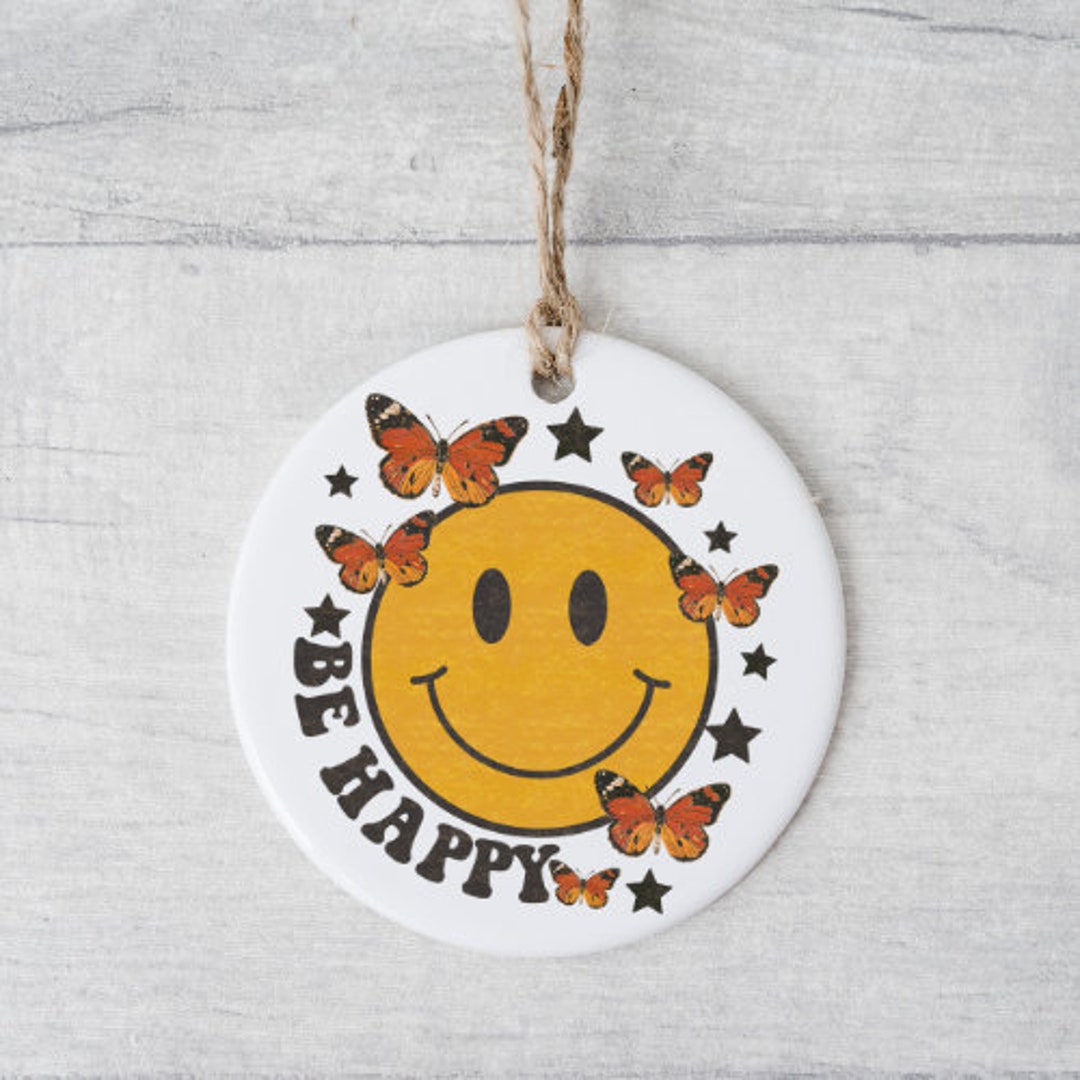 Be Happy Smiley Face and Butterflies Ornament + Gift Tag + Bag Tag ...