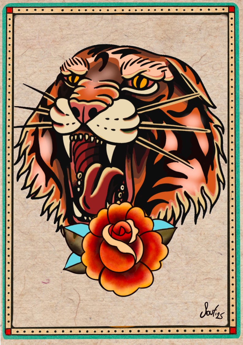Traditional Tattoo Flash Art Print: Roaring Tiger - Sailor Jerry Style ...