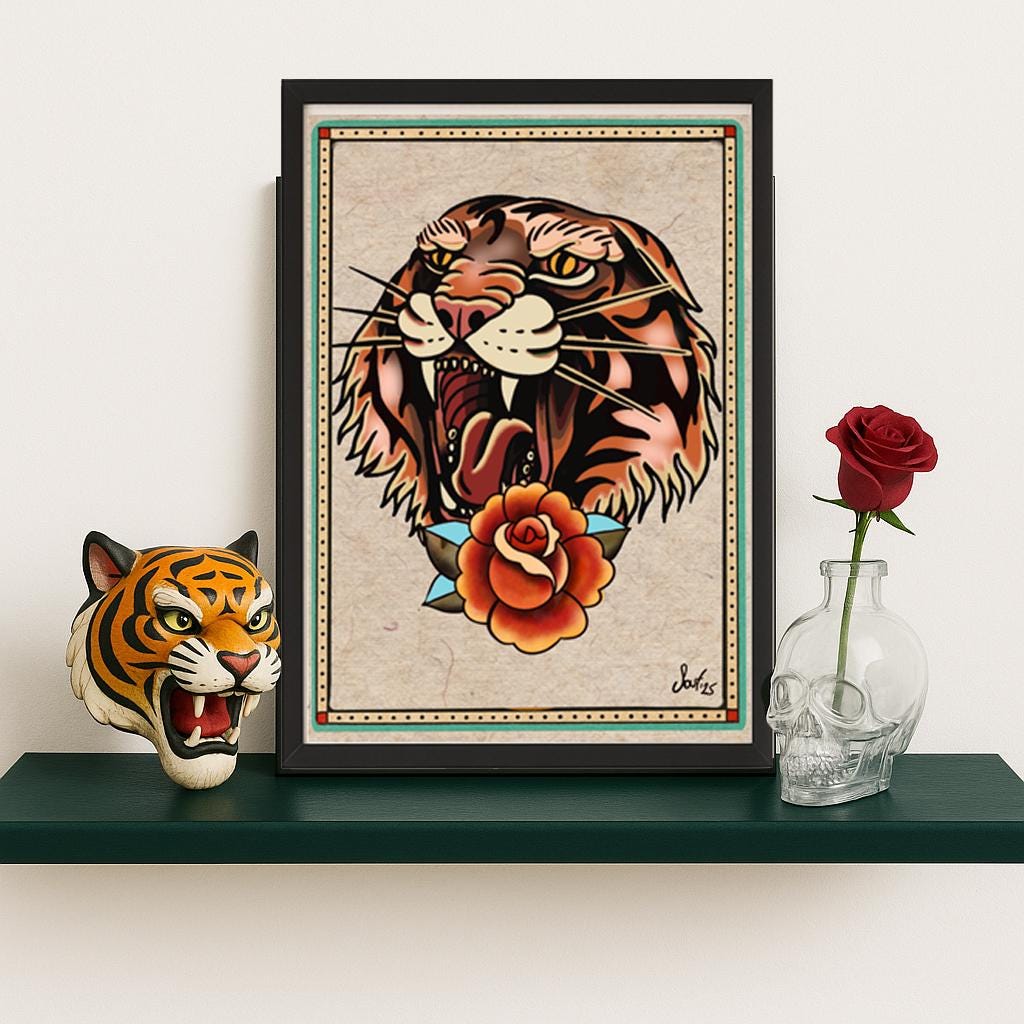 Traditional Tattoo Flash Art Print: Roaring Tiger - Sailor Jerry Style ...