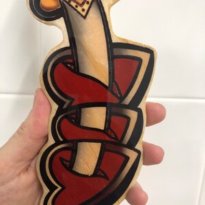 Broken Heart Dagger, Unique Design Tattoo Wood Wall Art Ready to Hang ...