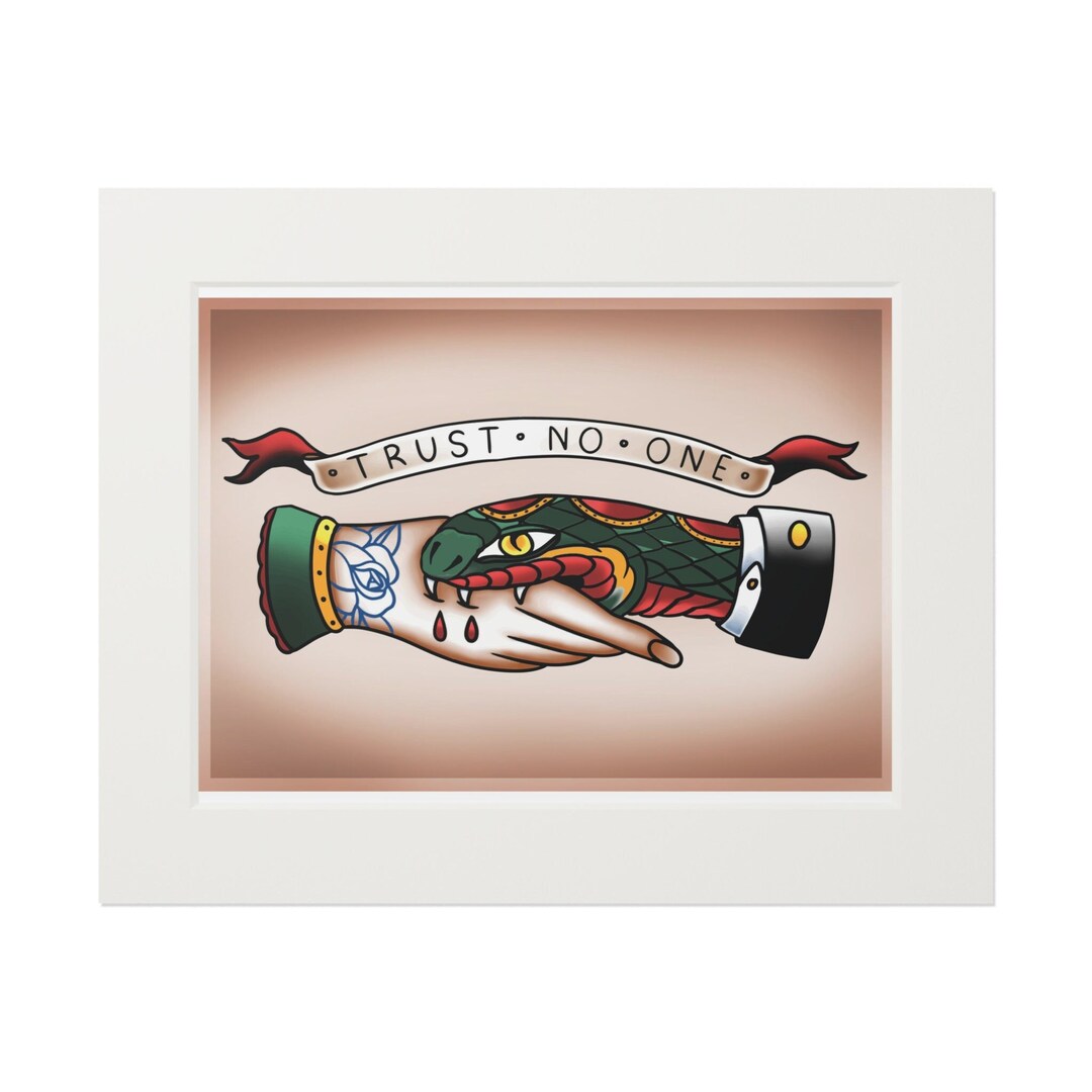 Trust No One Traditional Tattoo Print Snake Biting Handshake Sailor ...