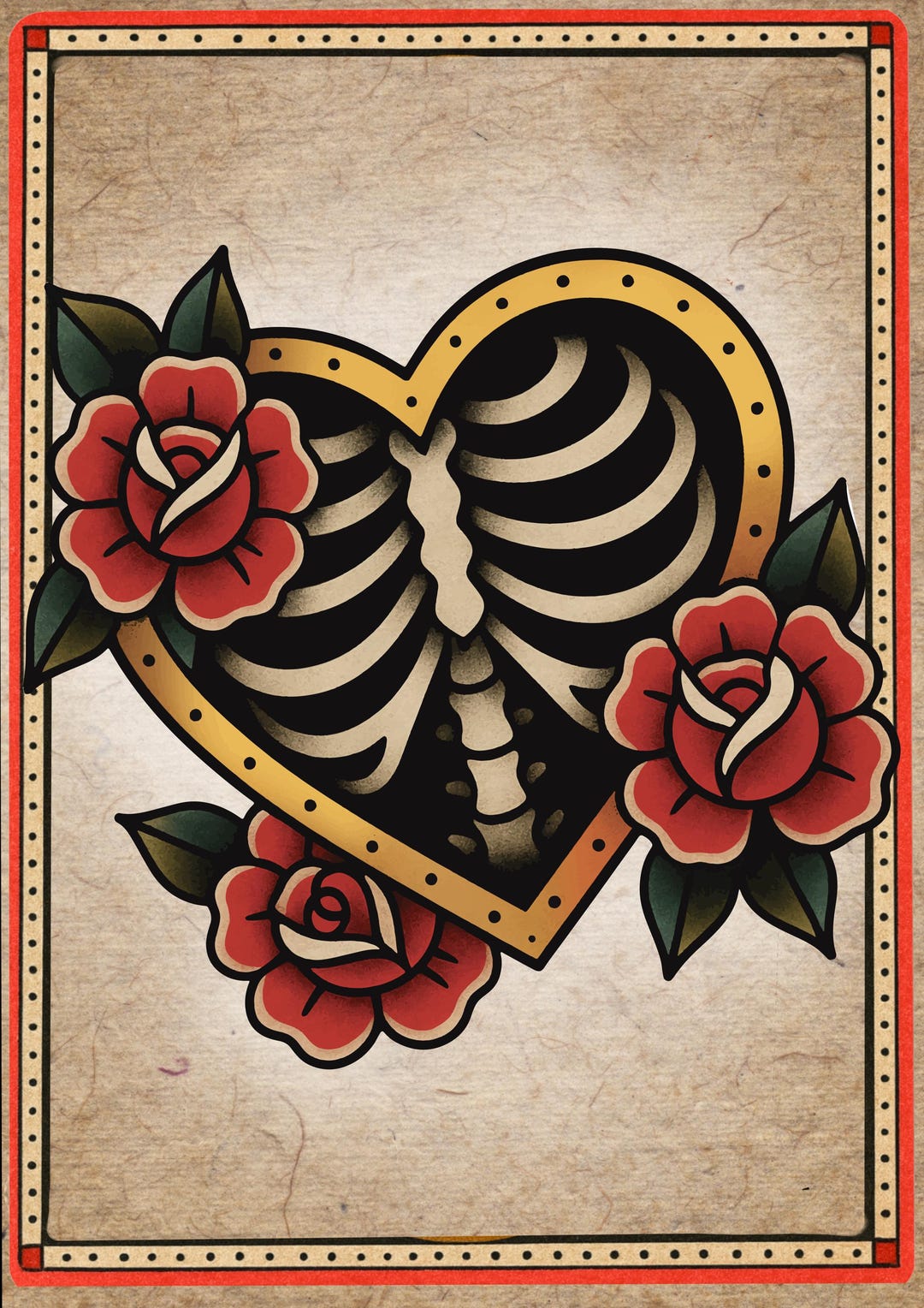 Traditional Tattoo Flash Art Print: Black Heart Ribs and Roses - Etsy UK