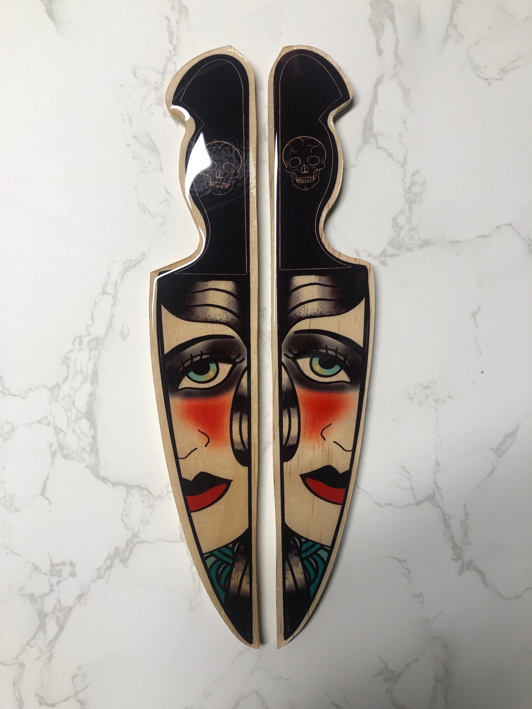 Reflection Gypsy Face Knife Tattoo Wood Cutout, Wood Ink Transfer ...
