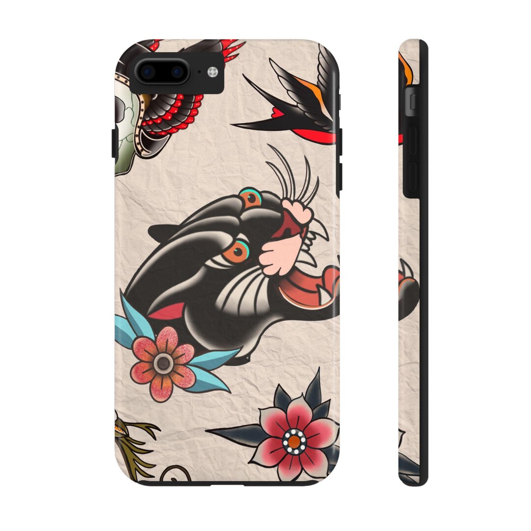 Tattoo Flash Phone Case – Panther, Swallow & Skull Design, Bold ...