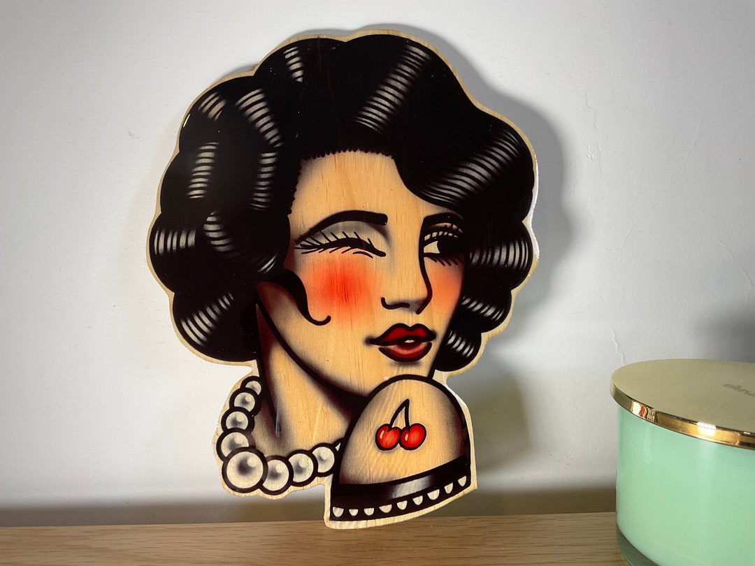 Burlesque Style Art Winking Cheeky Flapper With Cherry Tattoo Original ...