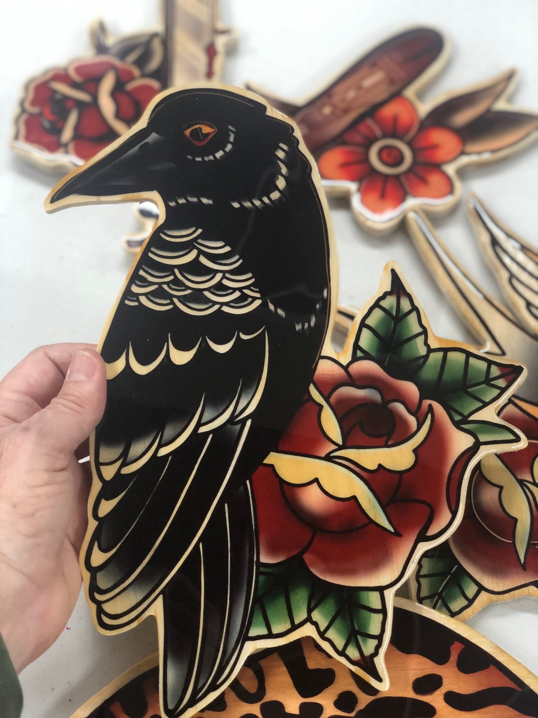 Raven With Beautiful Red Rose Original Hand Cut and Wood Ink Vintage ...