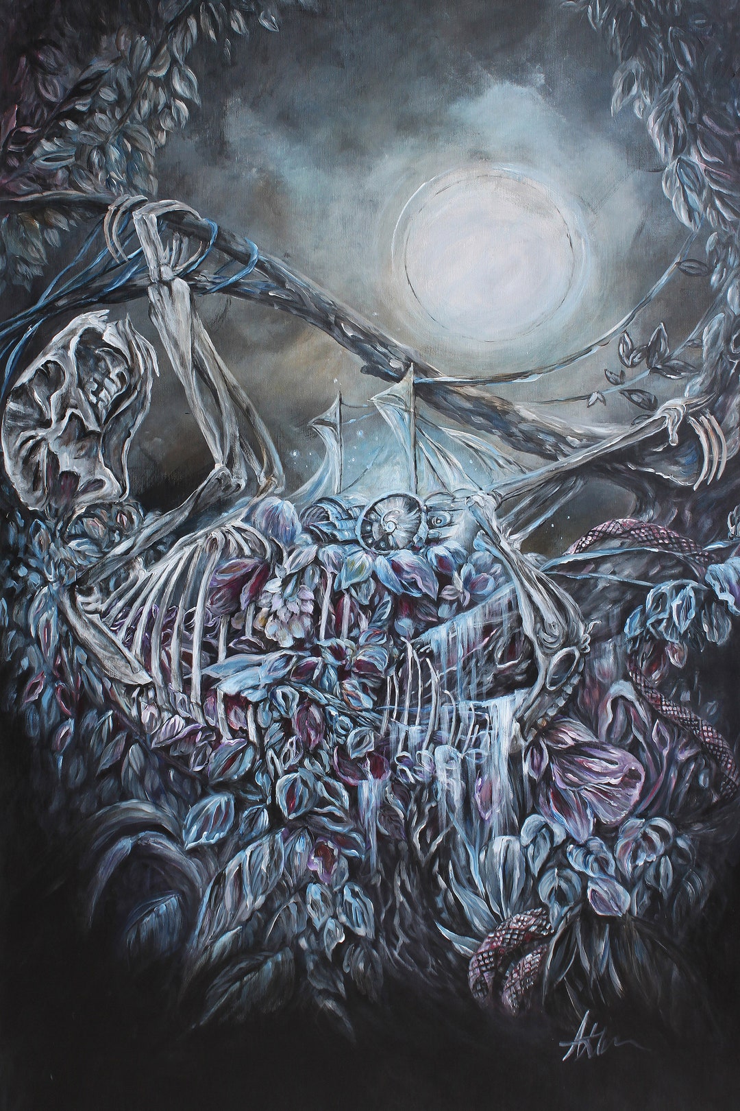 Steampunk Gothic Decor With Sloth Skeleton, Fantasy Wall Art With Moon ...