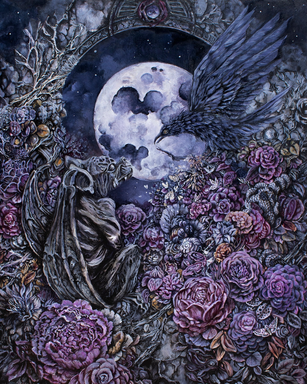 Fantasy Art Print With Gargoyle, Raven, and Moon - Steampunk Decor ...