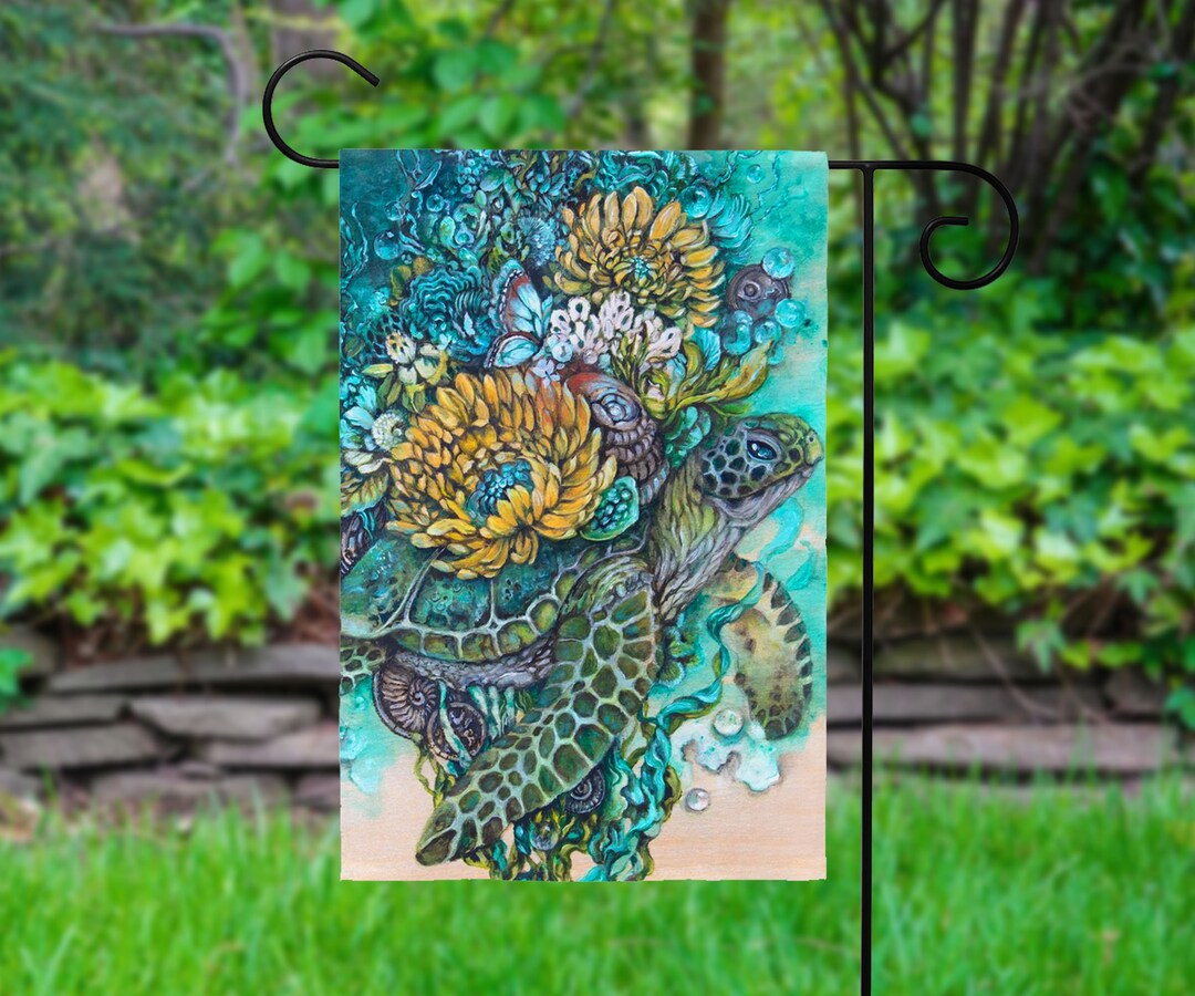 Tropical Sea Turtle Yard Flag With Yellow Flowers - Outdoor Garden Art ...