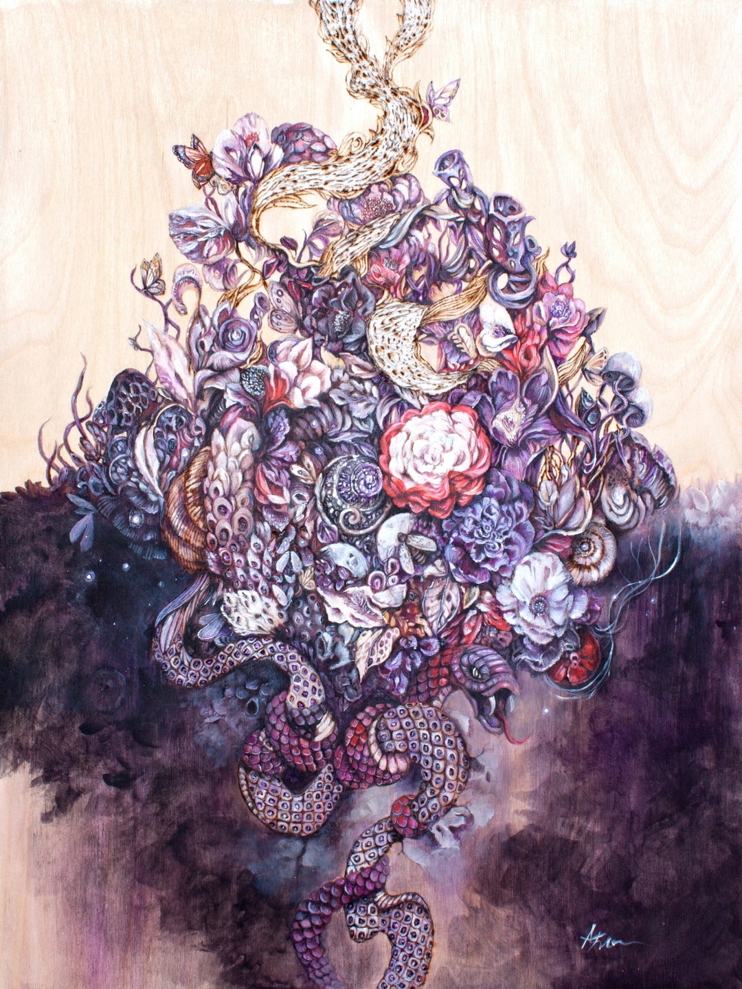 Surreal Snakes and Flowers Fantasy Art Print - Etsy