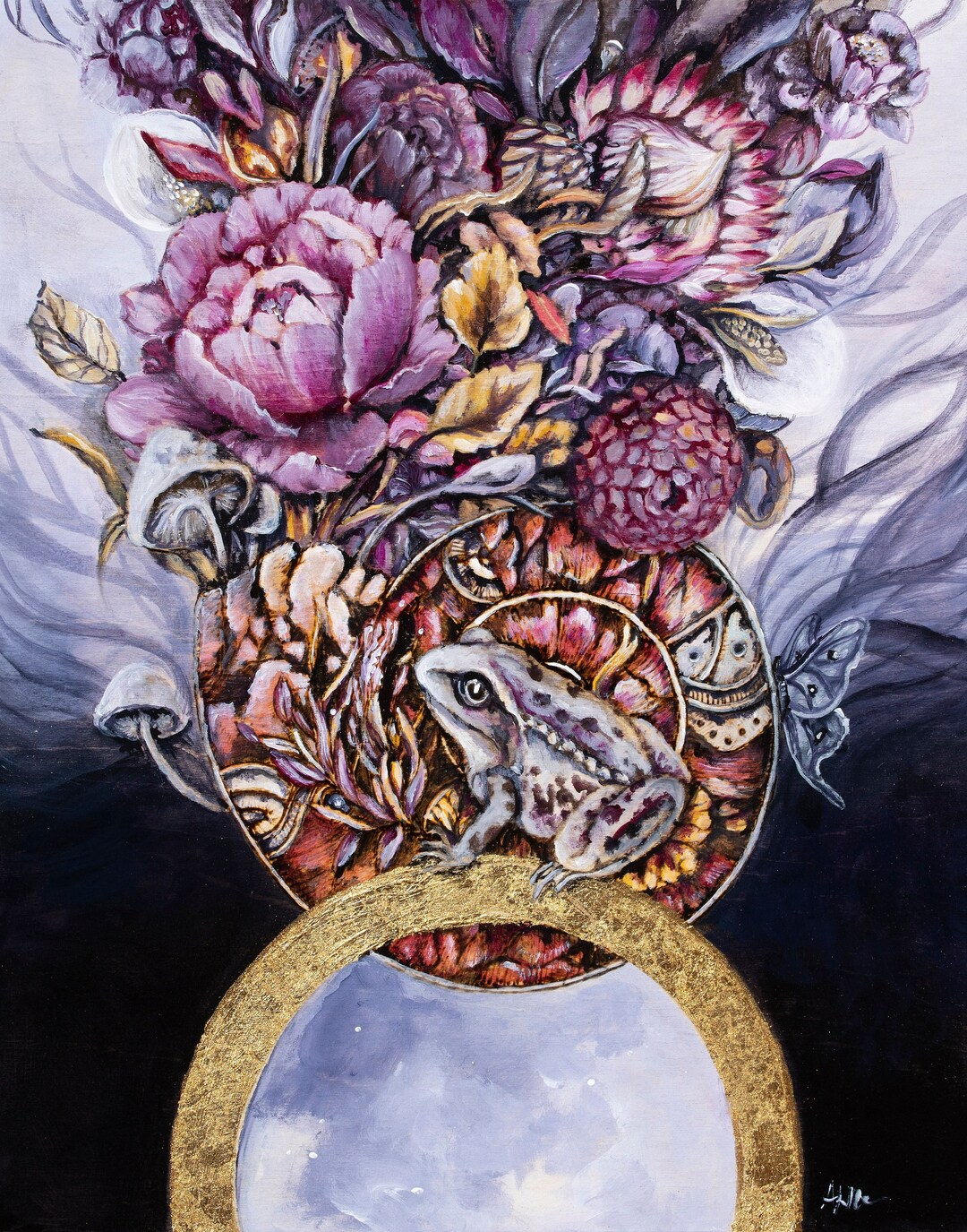 Whimsical Frog and Purple Flowers Fantasy Art Print, Cute Frog Wall Art ...