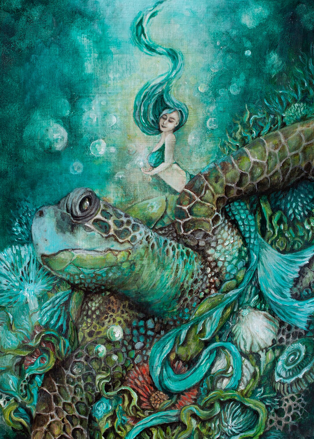 Mermaid Fantasy Art Print, Sea Turtle Wall Art - Etsy