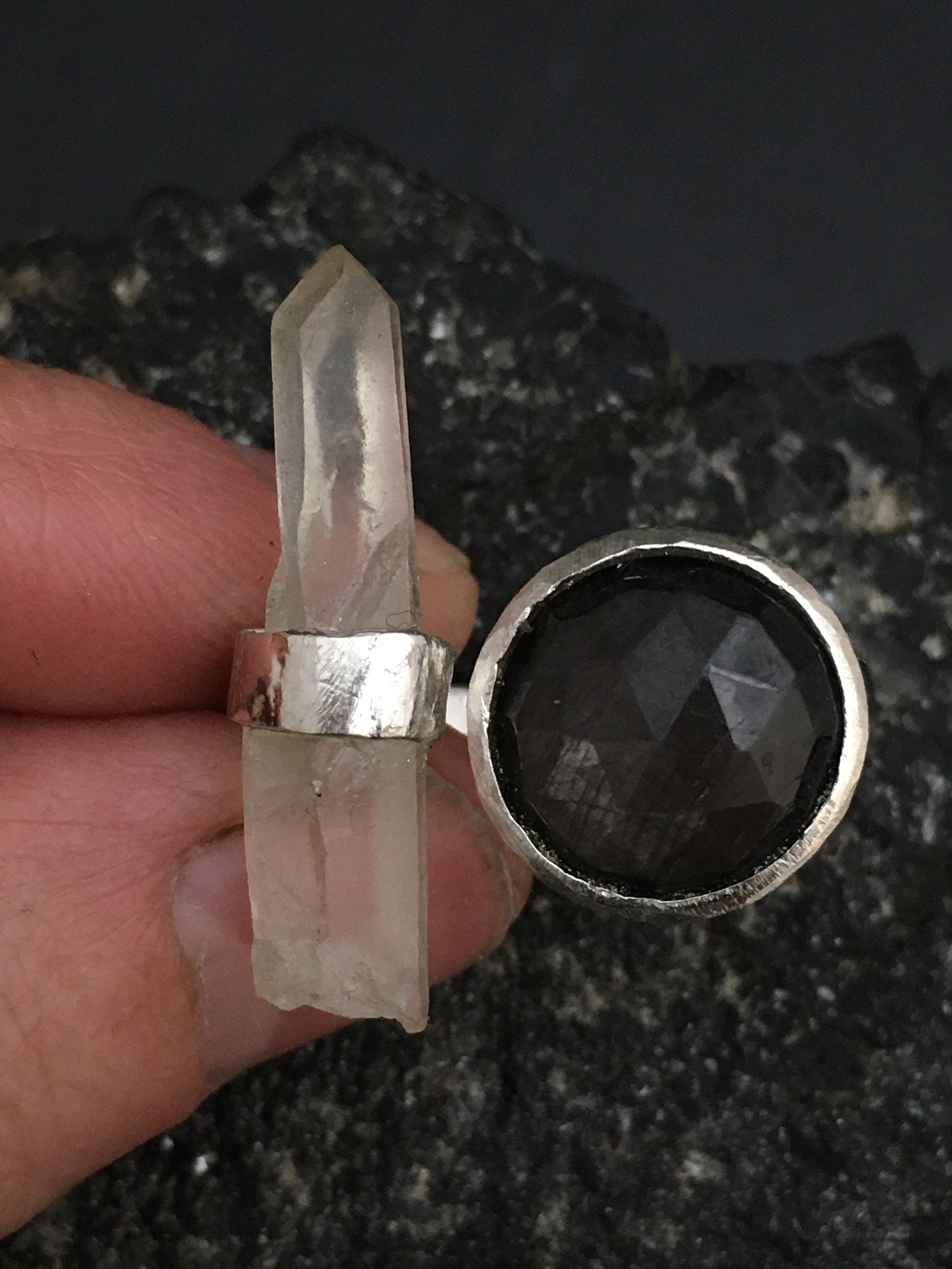SHIVA Shakti Ring Quartz Crystal Shard & Dark Grey Sapphire - Etsy UK