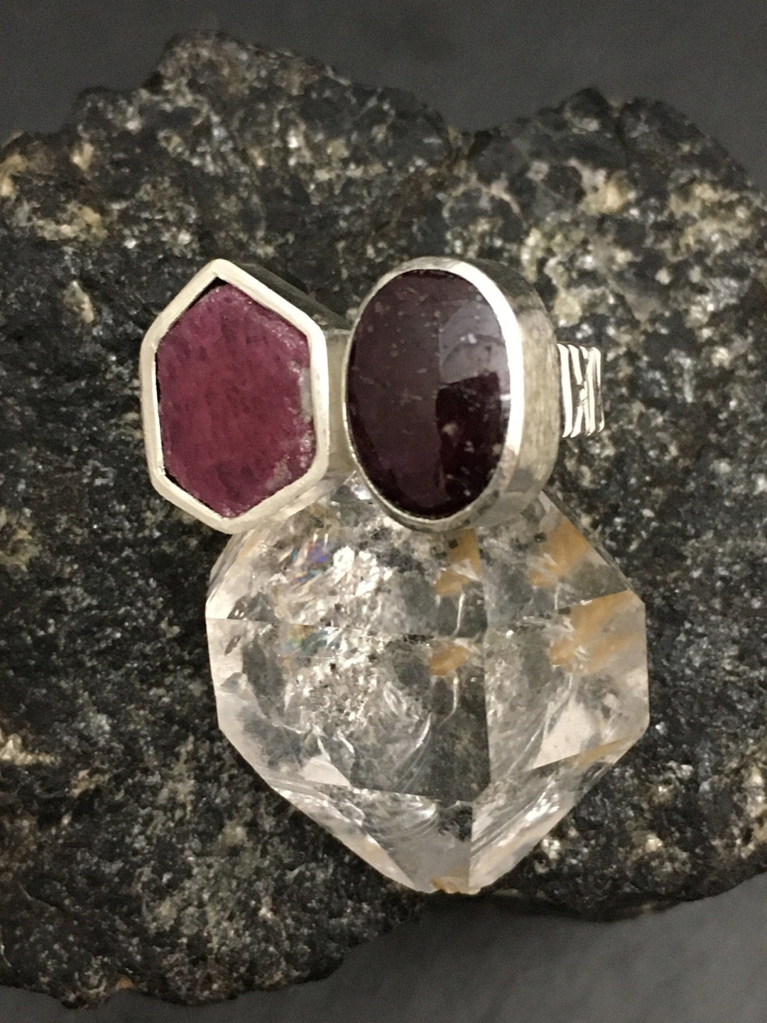 Double Ruby Ring - Raw Ruby Hexagon & Star Ruby Set in Sterling Silver ...