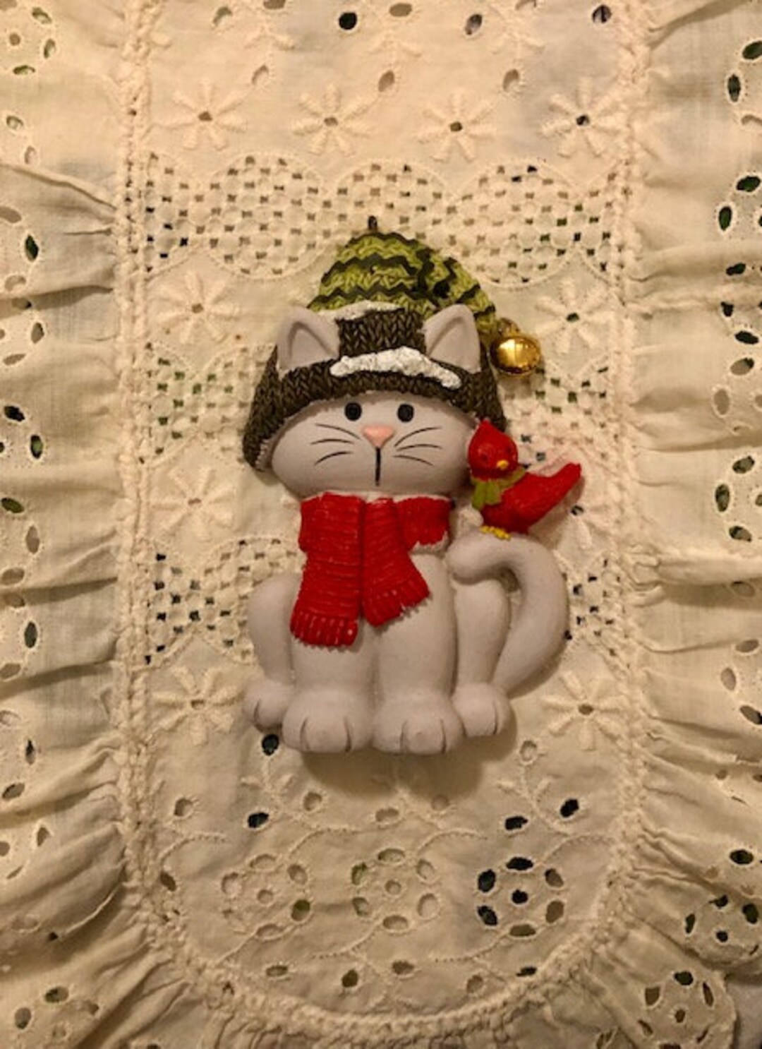 Gray Cat Christmas Ornament With Bell Toboggan and Red Bird - Etsy