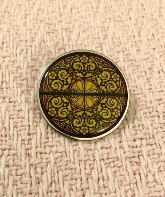 Vintage Stained Glass Church Window Button Pin - Gem