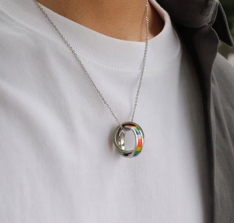 Rainbow Interlocking Double Ring Necklace - Stainless Steel Pendant ...