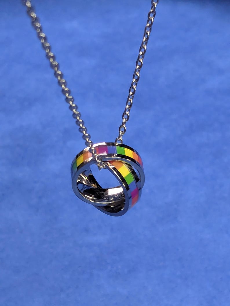 Rainbow Interlocking Double Ring Necklace - Stainless Steel Pendant ...