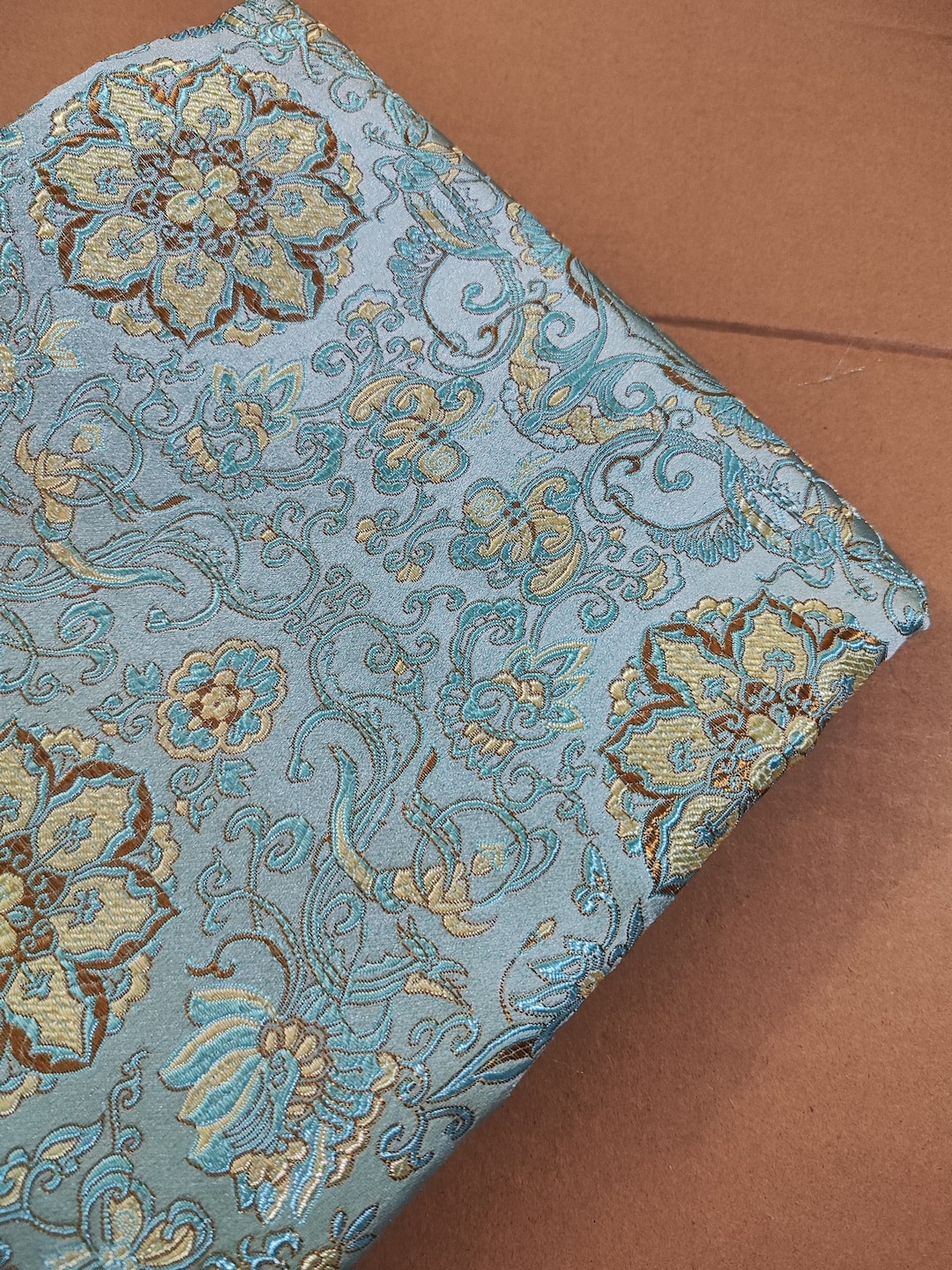 Light Blue Color Brocade Fabric With Golden Flower Style Fabric, Jacket ...