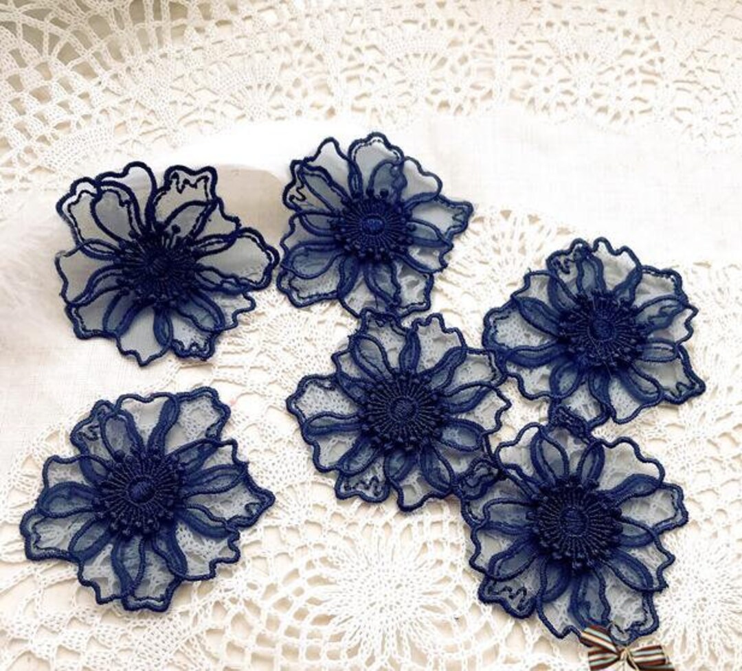 Dark Navy Blue Color Flower Applique, Organza Flower Applique, 3D ...