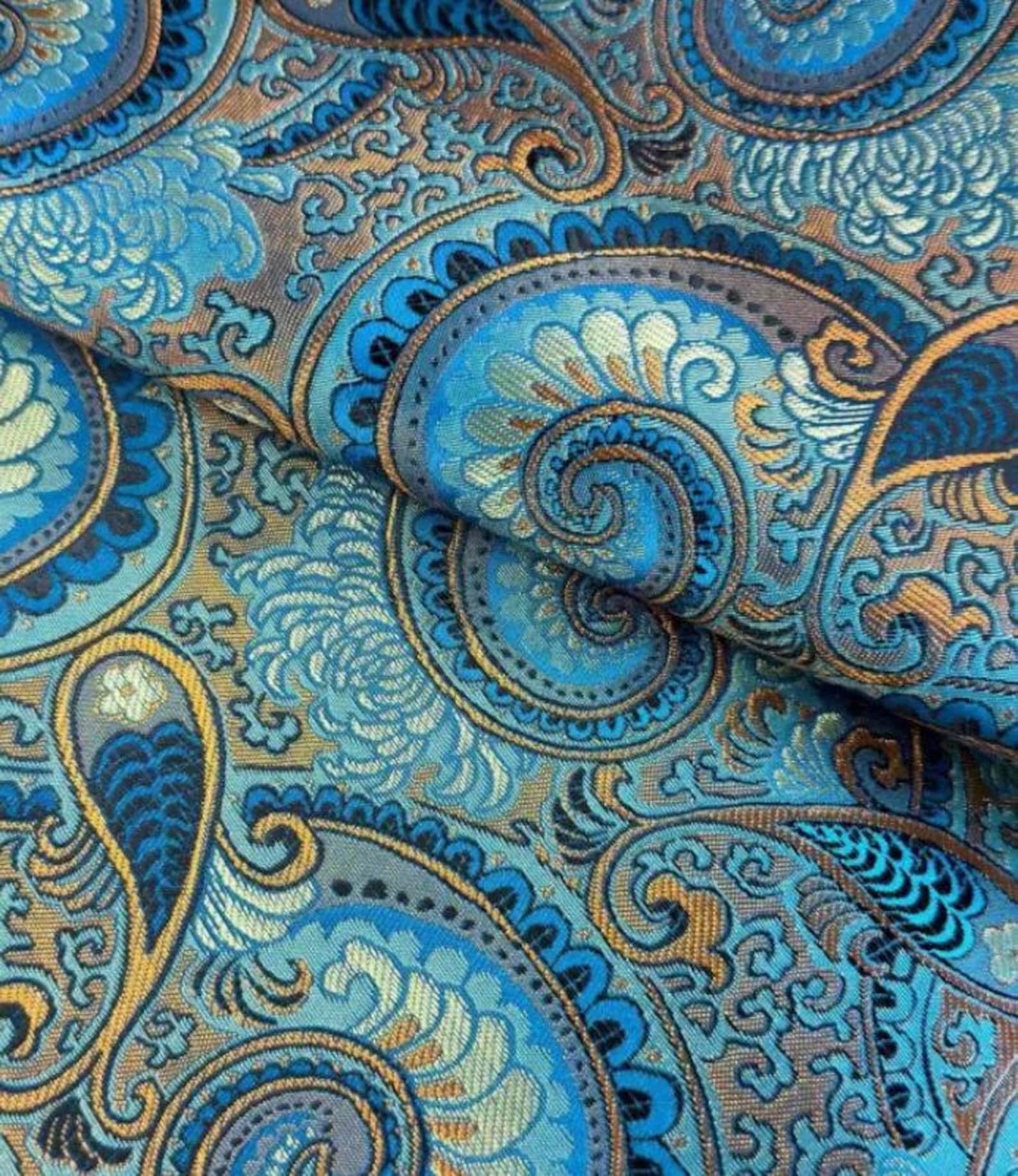Retro Peacock Blue Brocade Fabric, Paisley Style Jacquard Fabric ...