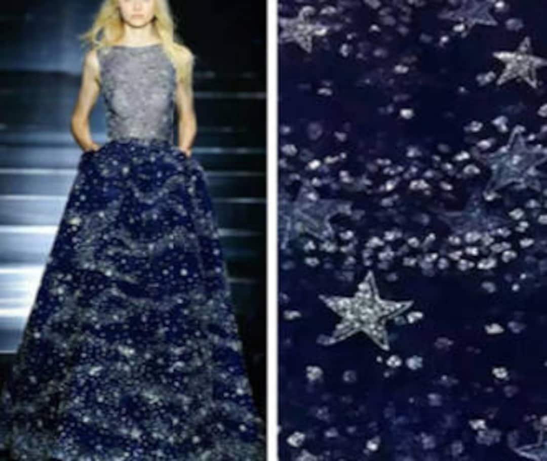 Navy Blue Fabric Silver Star Glitter Sequins Fabric Mesh Fabric About ...