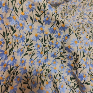 ON SALE, Retro Style Cotton Linen Fabric, Embroided Light Blue Daisy ...