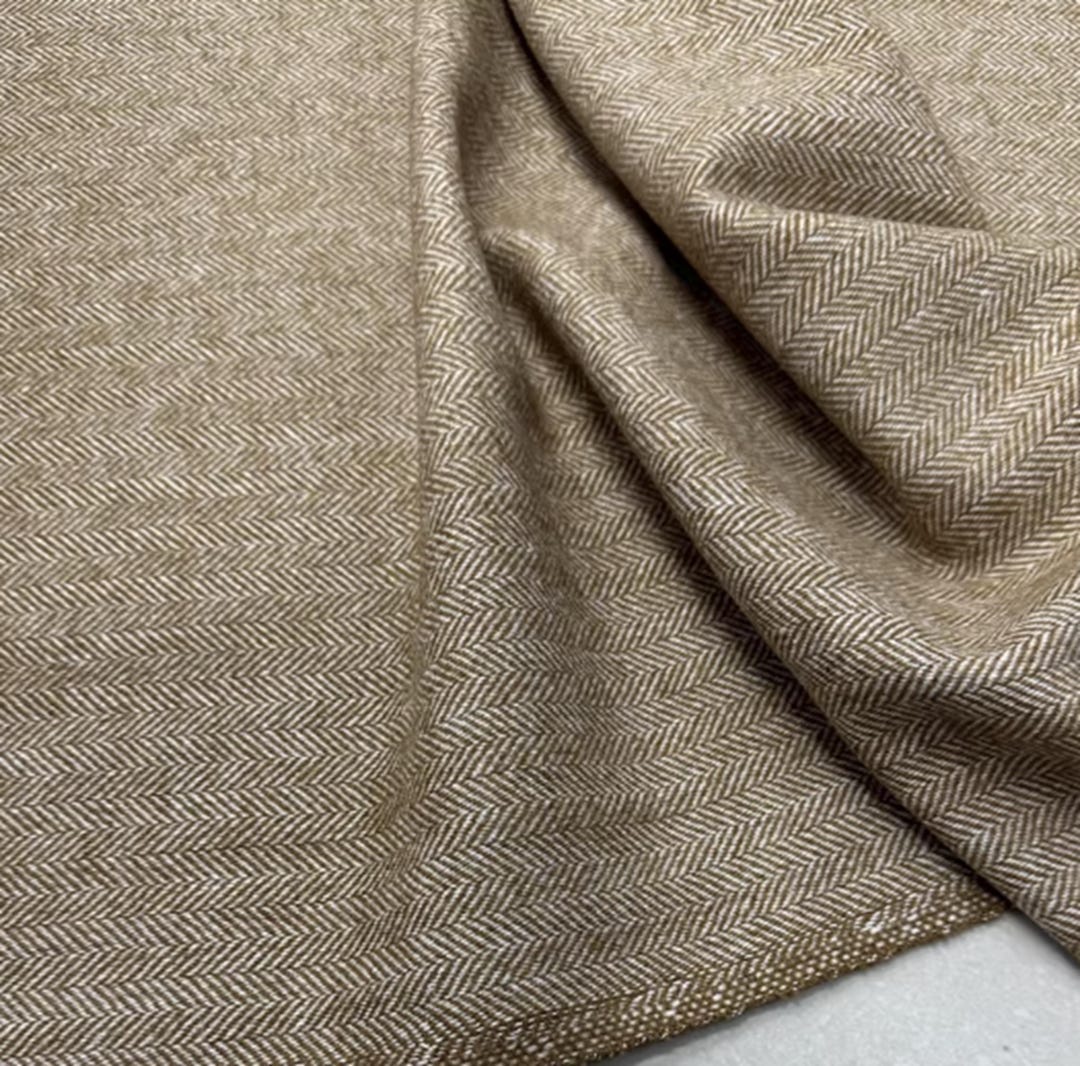 Khaki and Off-white Herringbone Tweed Wool Fabric for Designer Trench ...