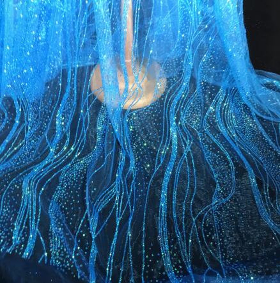Blue Color Mesh Fabric, Glitter Mesh Fabric, Shiny Mesh Fabric, Wedding ...