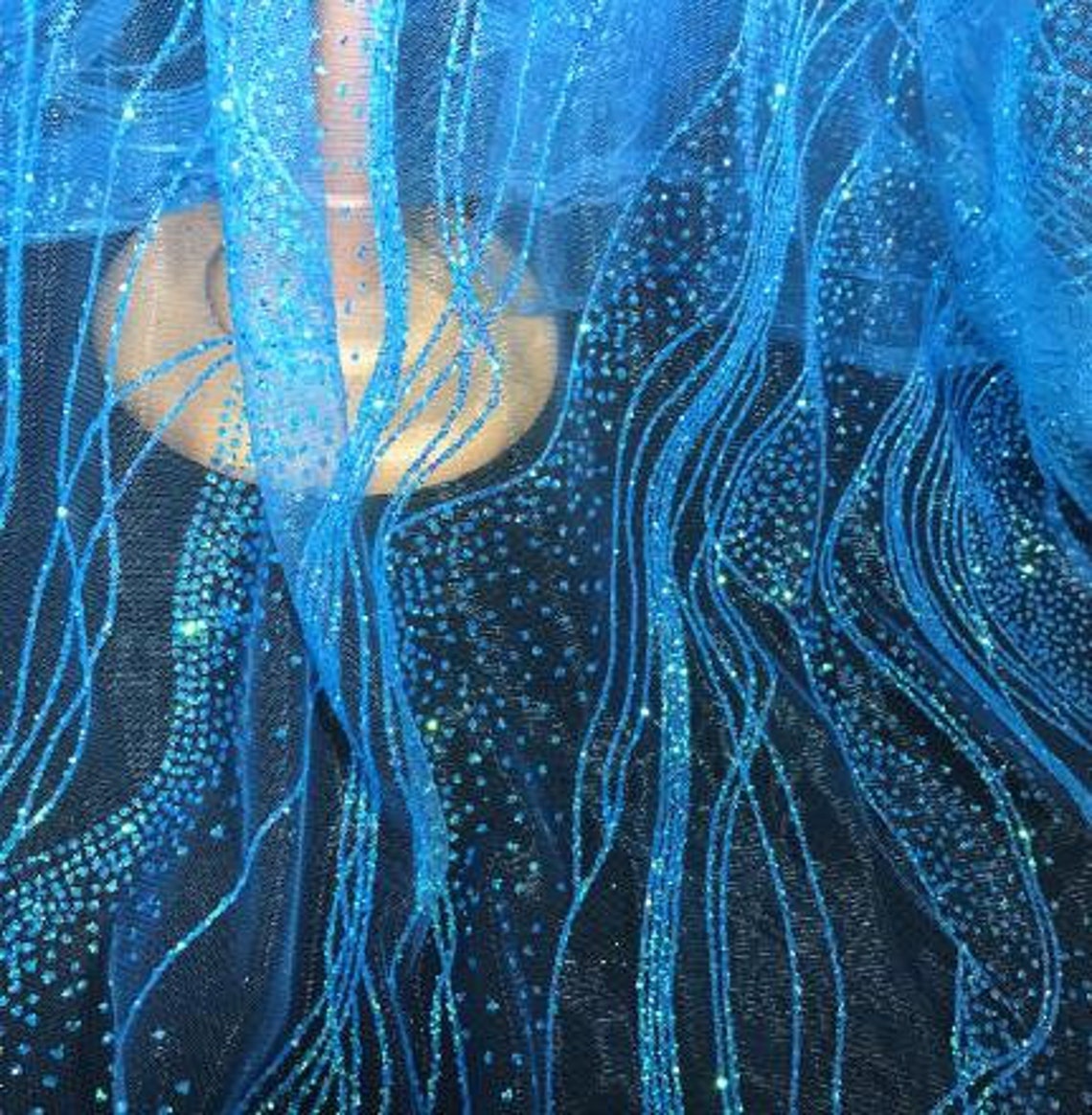 Blue Color Mesh Fabric, Glitter Mesh Fabric, Shiny Mesh Fabric, Wedding ...