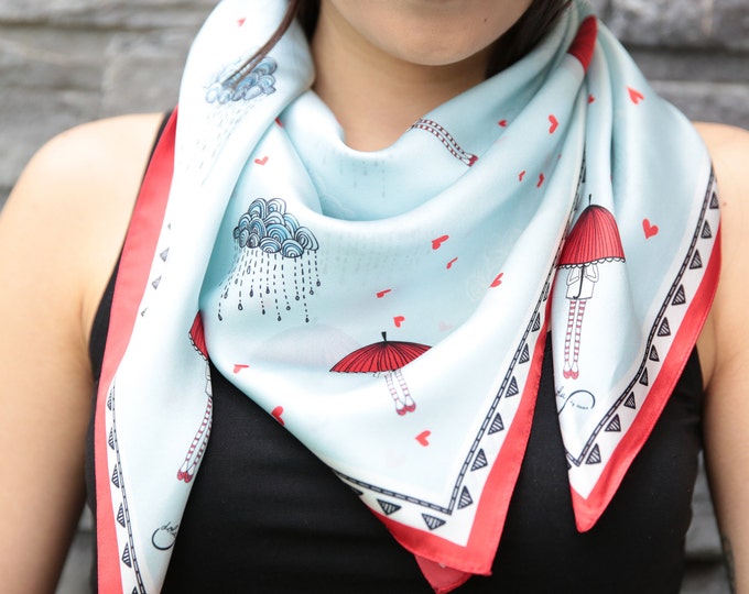 A Rainy Day, Illustrated 100% Silk Scarf, 90x90cm - Etsy