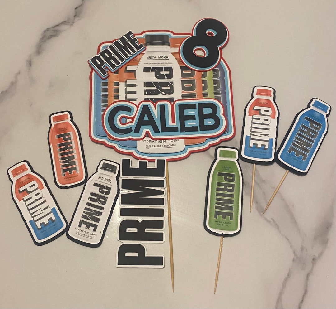 Personalised Prime Style Cake Topper With 6 Drinks Bottle Toppers Set ...