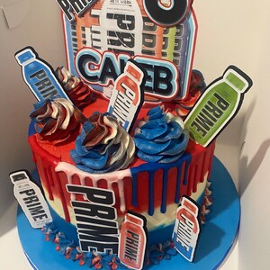 Personalised Prime Style Cake Topper With 6 Drinks Bottle Toppers Set ...