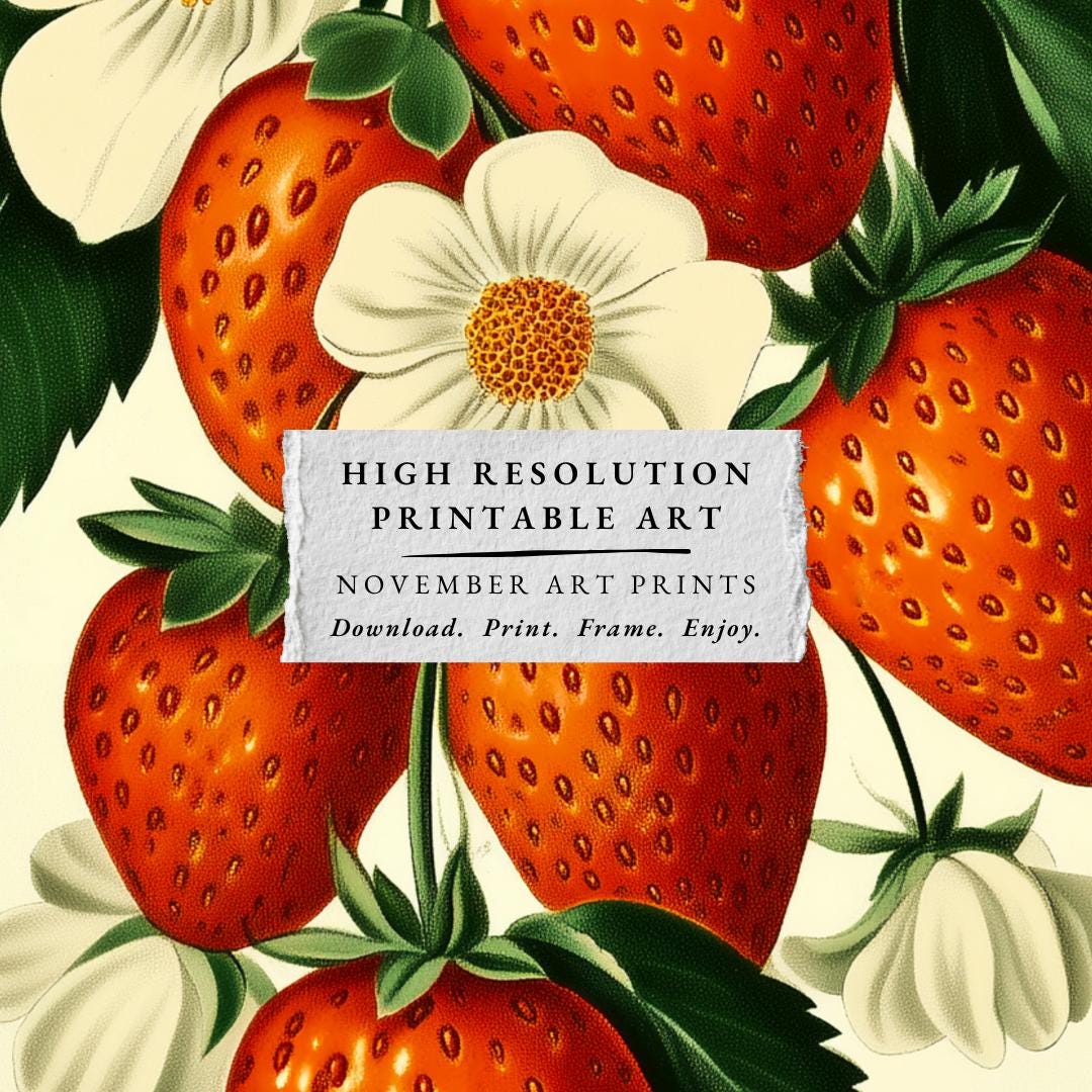 Vintage Strawberry Print, Printable Strawberry Wall Art, Retro Kitchen ...