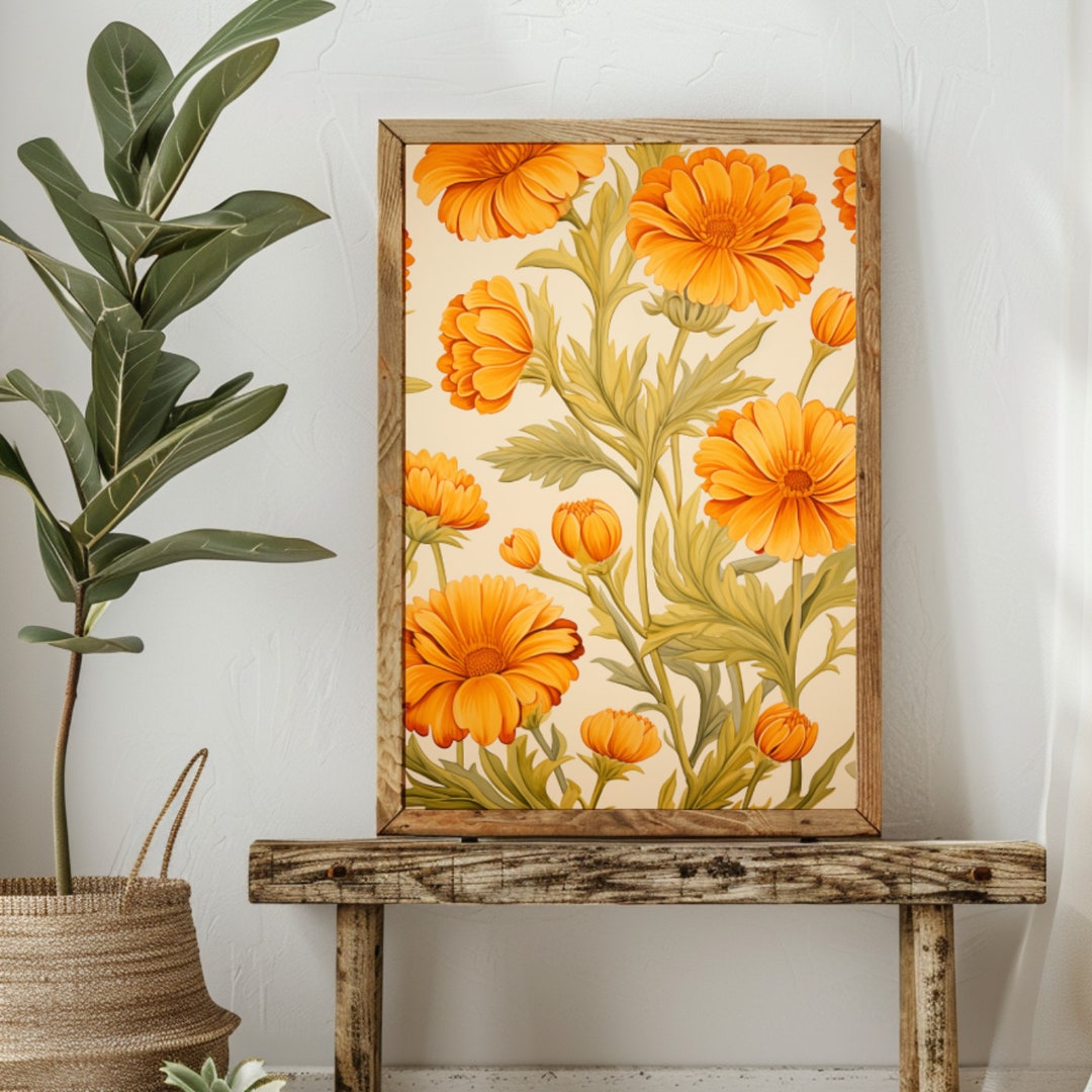 Vintage Marigold Art Print, Printable Marigold Painting, Floral Artwork ...