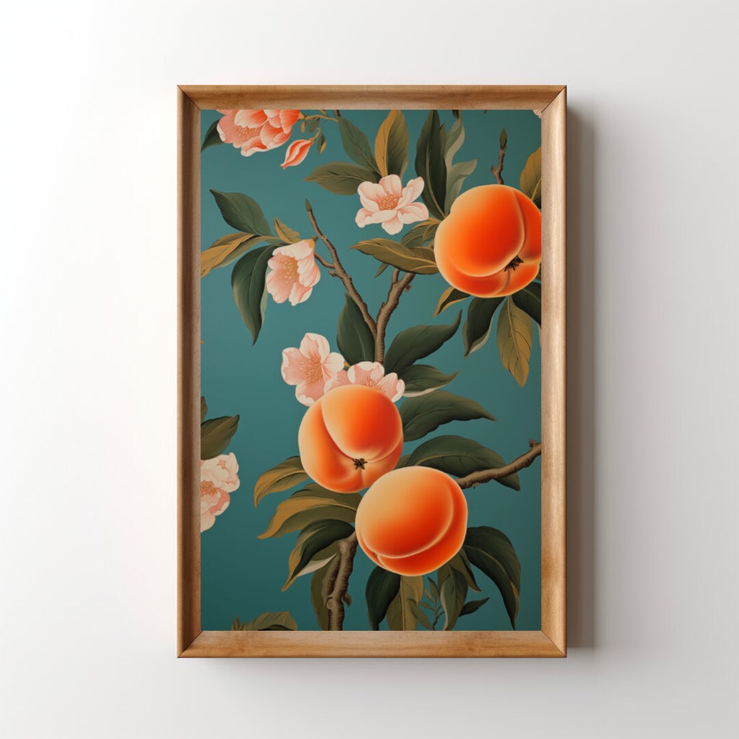 Floral Peach Art Print, Printable Peaches Painting, Peach Tree Peony ...