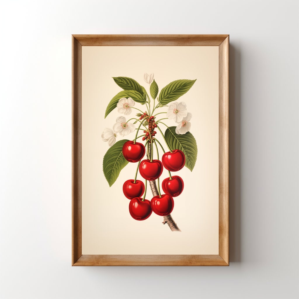 Vintage Cherries Art Print, Printable Cherry Wall Art, Vintage ...