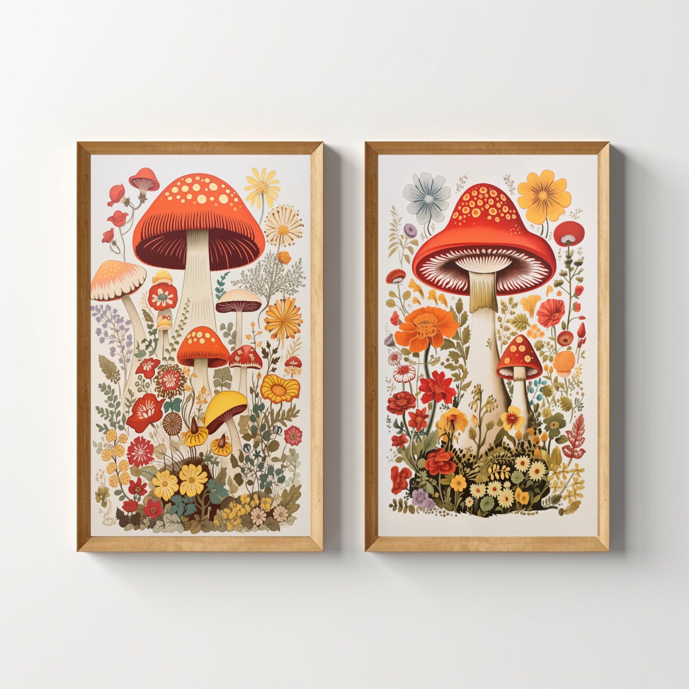 Printable Retro Mushroom Print Set, Vintage Mushrooms Wall Art Bundle ...