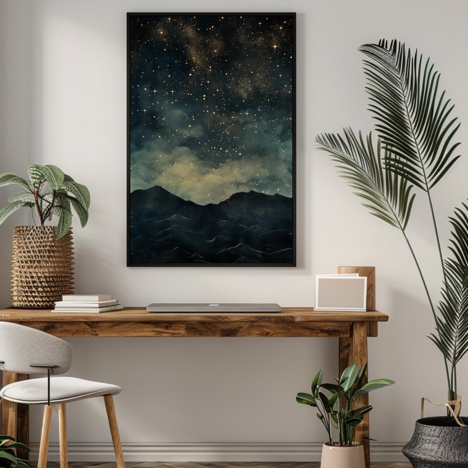 Vintage Night Sky Print: Printable Mountain Galaxy Painting, Moody ...
