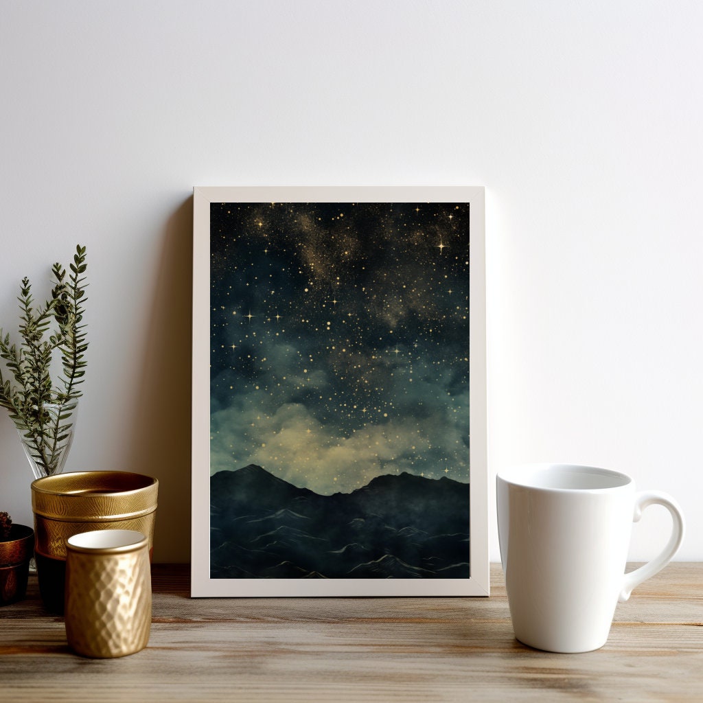 Vintage Night Sky Print: Printable Mountain Galaxy Painting, Moody ...