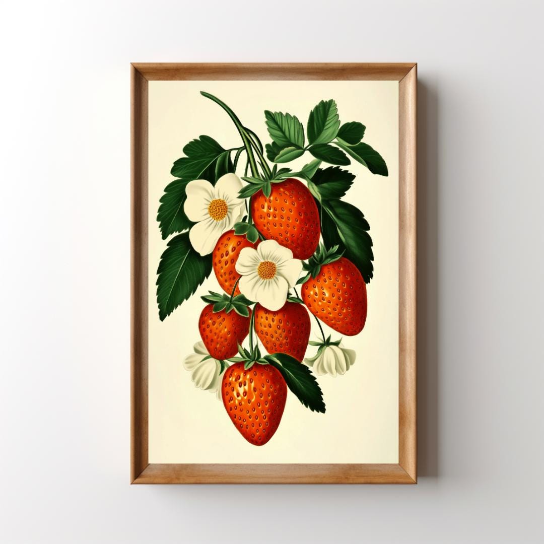 Vintage Strawberry Print, Printable Strawberry Wall Art, Retro Kitchen ...