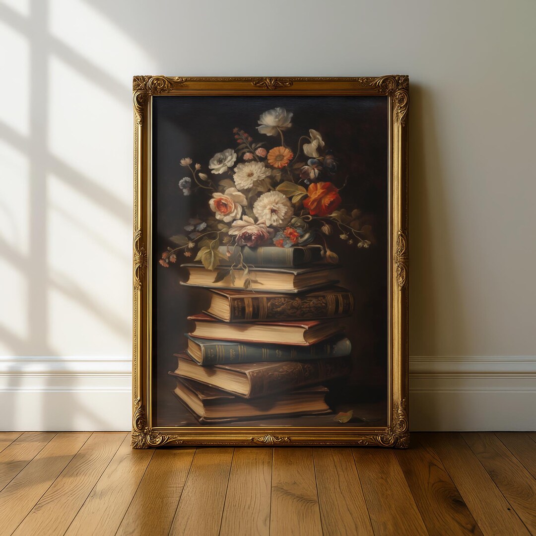 Moody Floral Book Stack Print: Printable Vintage Books Painting, Dark ...