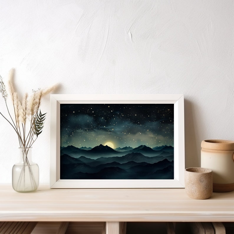 Mountain Night Sky Print, Printable Moon and Stars Wall Art, Vintage ...
