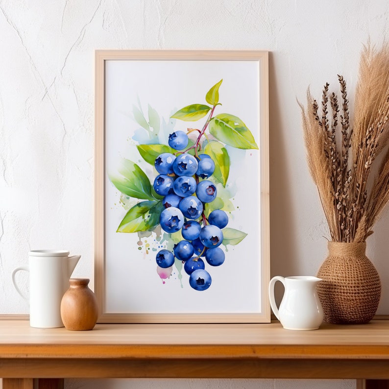 Watercolor Fruit Print Set, Printable Blueberries Raspberries Wall Art, Watercolor Blueberry ...