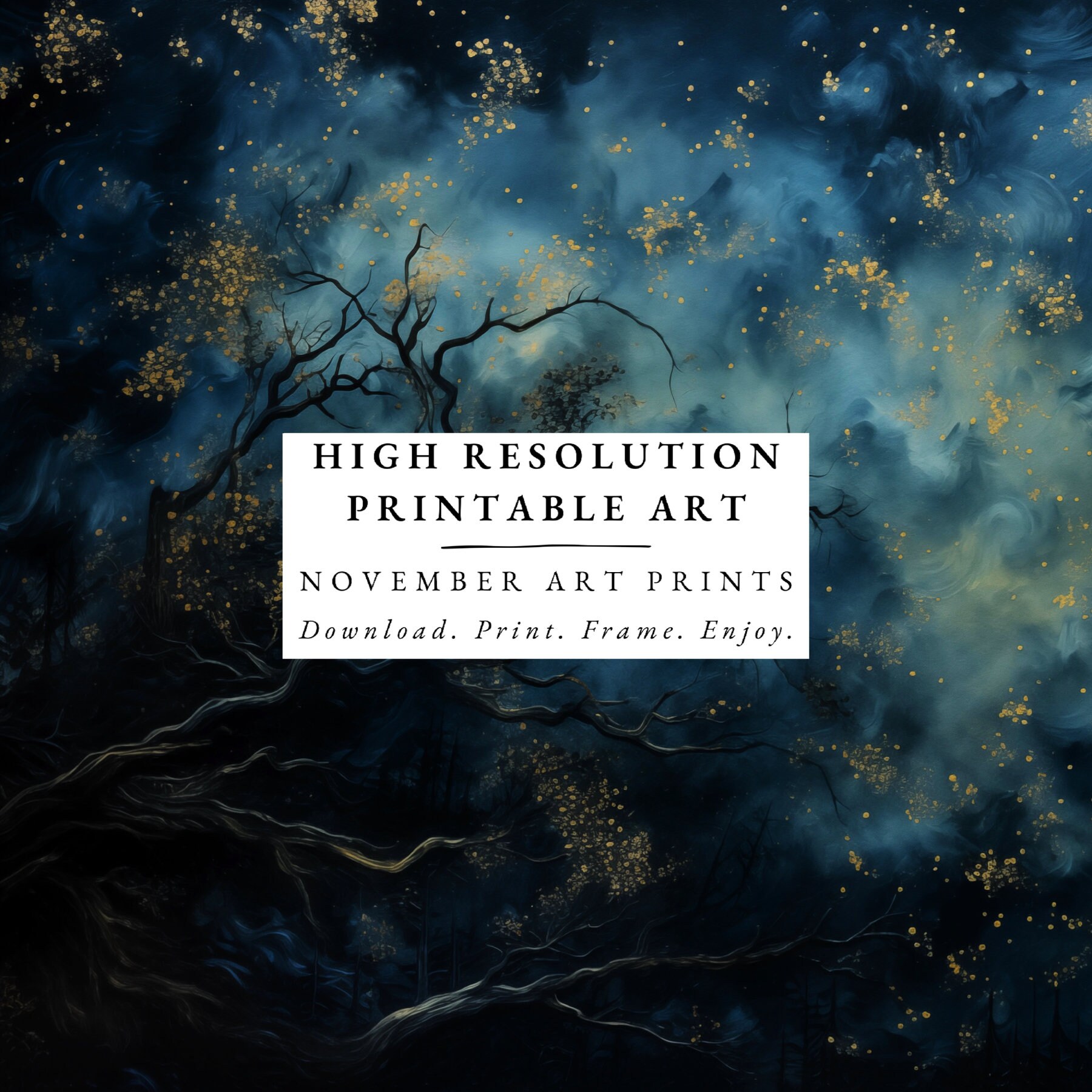 Misty Night Sky Painting, Printable Starry Sky Dark Tree Wall Art, Tree ...